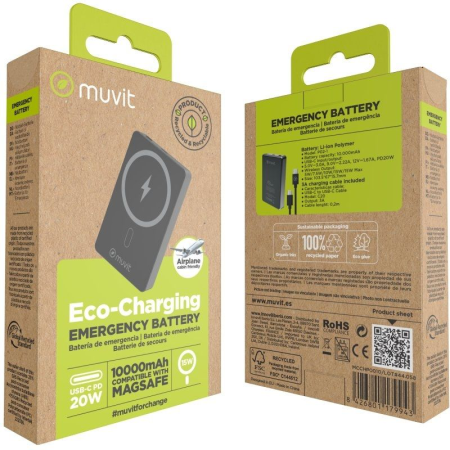 Powerbank 10000mAh Muvit For Change MCCHP0010/ 20W/ Wireless/ Negra ...
